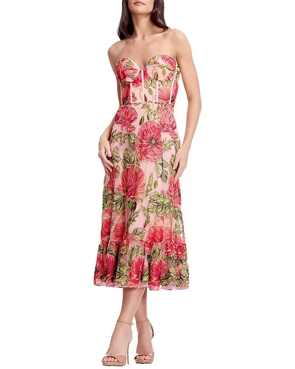 Dress The Population Carina Strapless Sweetheart Floral Lace Corset Midi Dress - Peach Multi