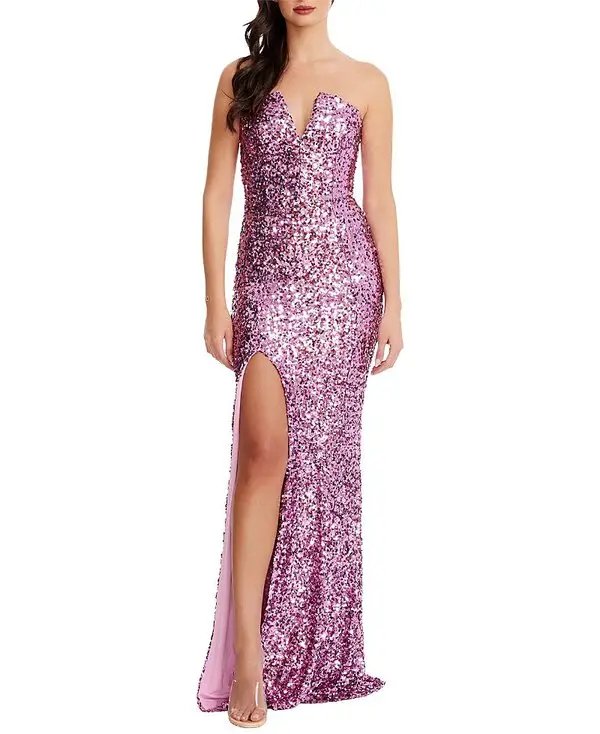 Dress The Population Strapless Sequin Plunge Gown With High Slit - Lilac