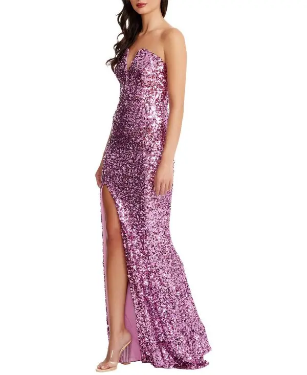 Dress The Population Strapless Sequin Plunge Gown With High Slit - Lilac