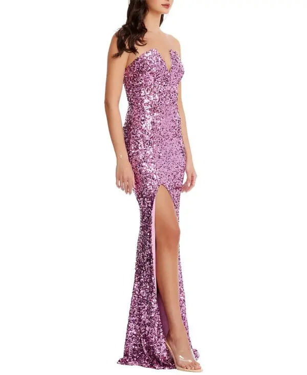 Dress The Population Strapless Sequin Plunge Gown With High Slit - Lilac
