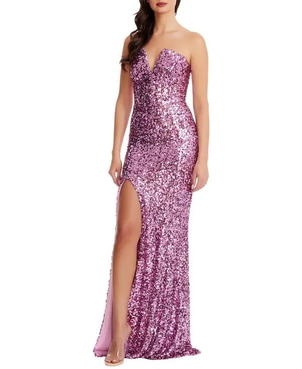 Dress The Population Strapless Sequin Plunge Gown With High Slit - Lilac