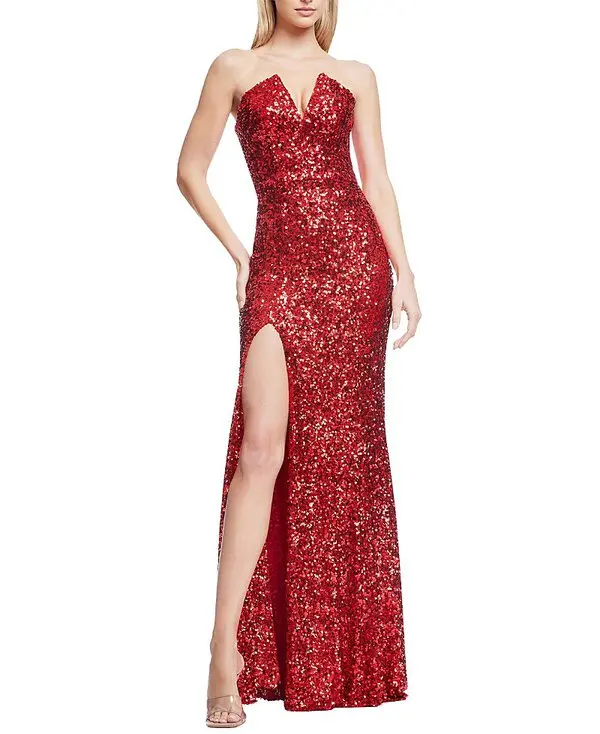 Dress The Population Strapless Sequin Plunge Gown With High Slit - Rouge