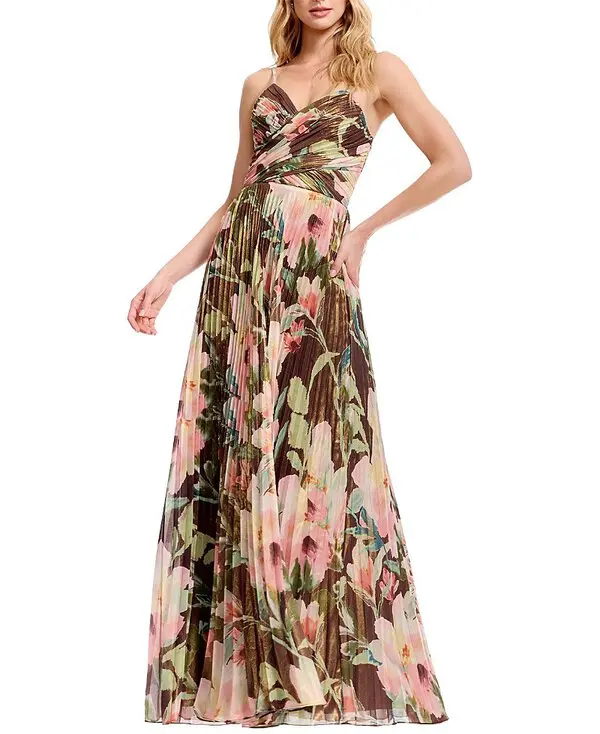 Dress The Population Floral Pleated V-neck Gown