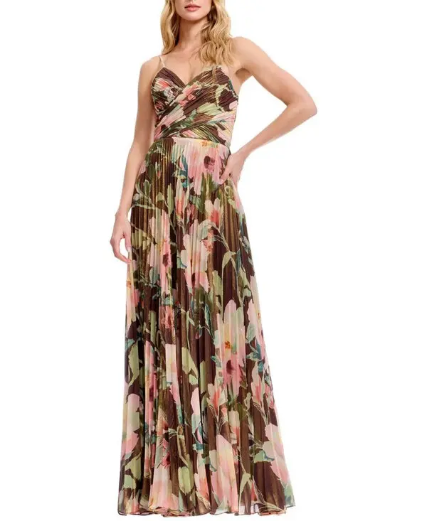 Dress The Population Floral Pleated V-neck Gown