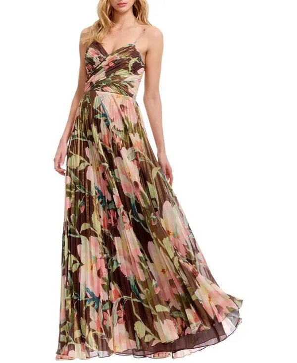 Dress The Population Floral Pleated V-neck Gown