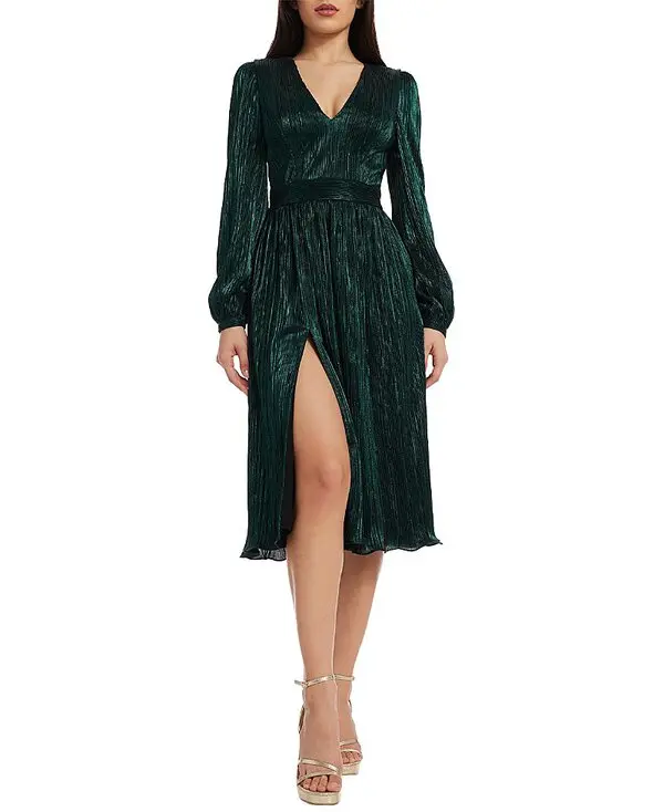Dress The Population Holly Long Sleeve V-neck Metallic Pleated Midi Dress - Deep Emerald