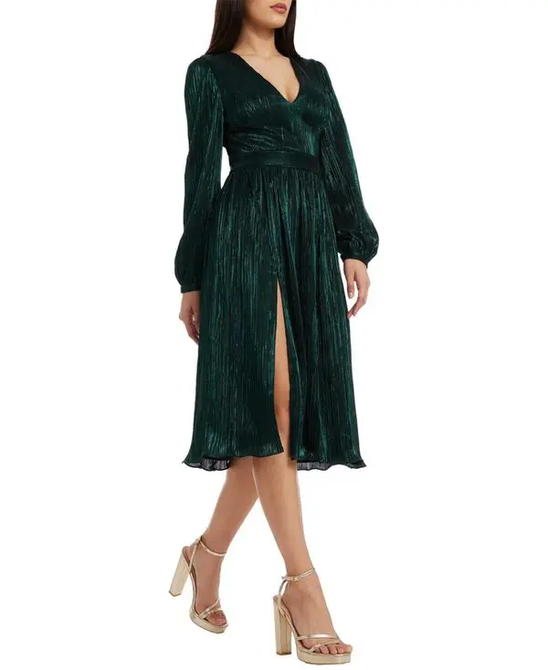 Dress The Population Metallic Pleated Plisse Dress - Deep Emerald