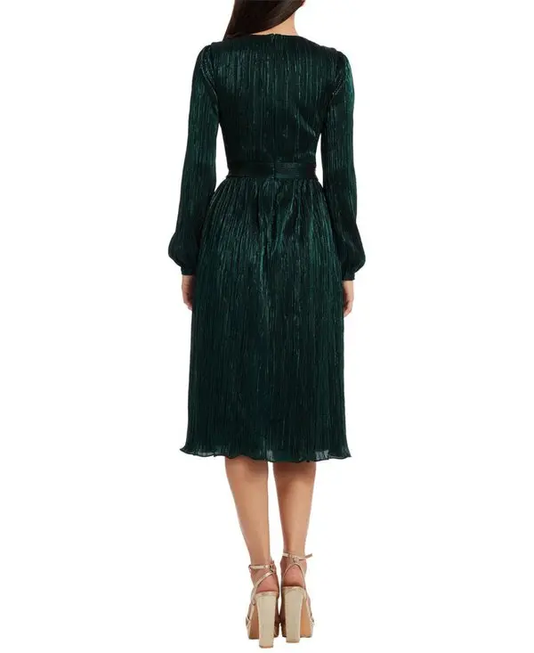 Dress The Population Metallic Pleated Plisse Dress - Deep Emerald