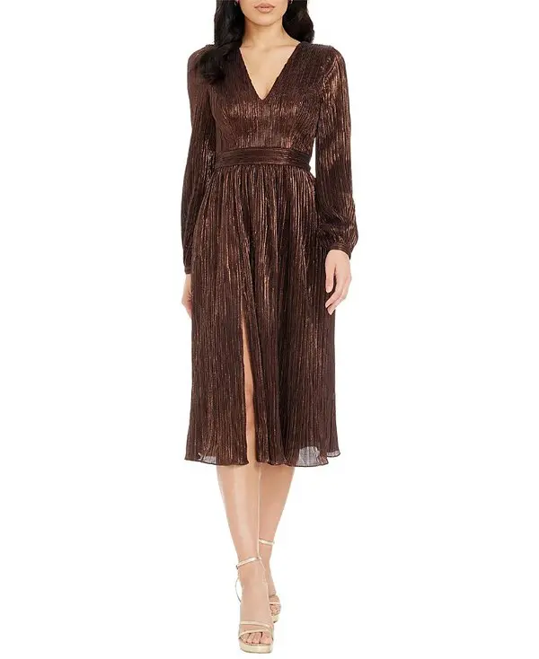 Dress The Population Holly Long Sleeve V-neck Metallic Pleated Midi Dress - Mocha