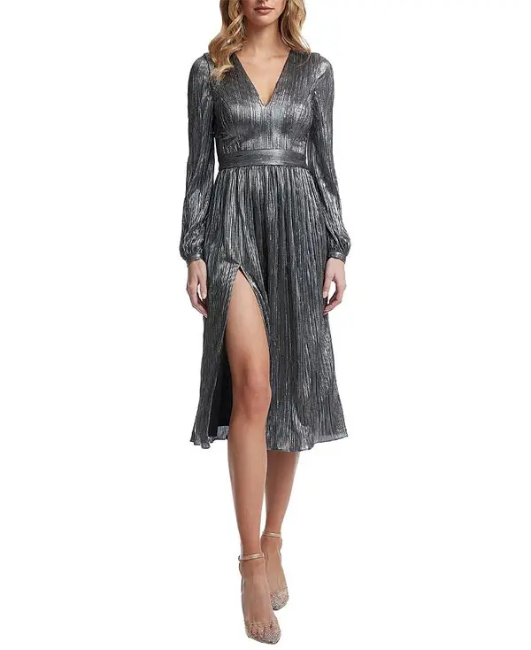 Dress The Population Holly Long Sleeve V-neck Metallic Pleated Midi Dress - Silver