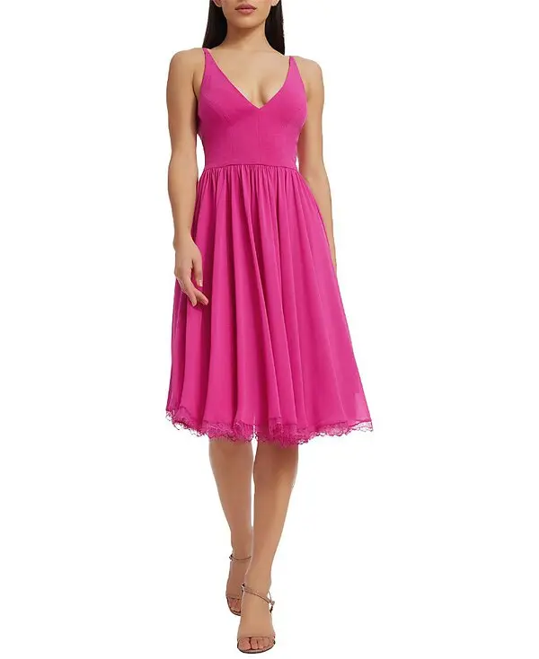 Dress The Population Alicia V-neck Lace Trim Midi Dress - Bright Fuchsia