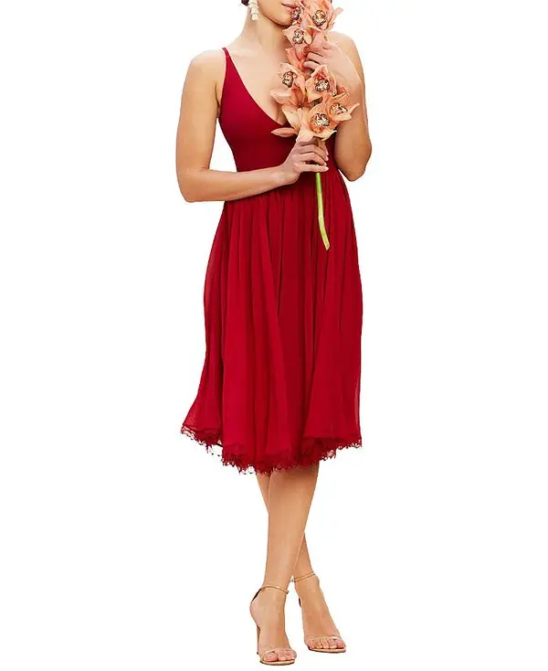 Dress The Population Alicia V-neck Lace Trim Midi Dress - Garnet
