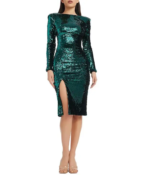 Dress The Population Natalie Long Sleeve Sequin High Slit Midi Dress - Deep Emerald