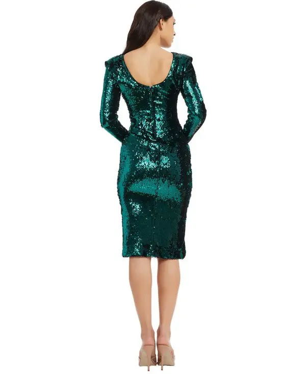 Dress The Population Natalie Long Sleeve Sequin High Slit Midi Dress - Deep Emerald