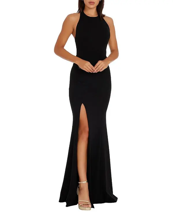 Dress The Population Paige Halter Neck High Slit Mermaid Gown - Black