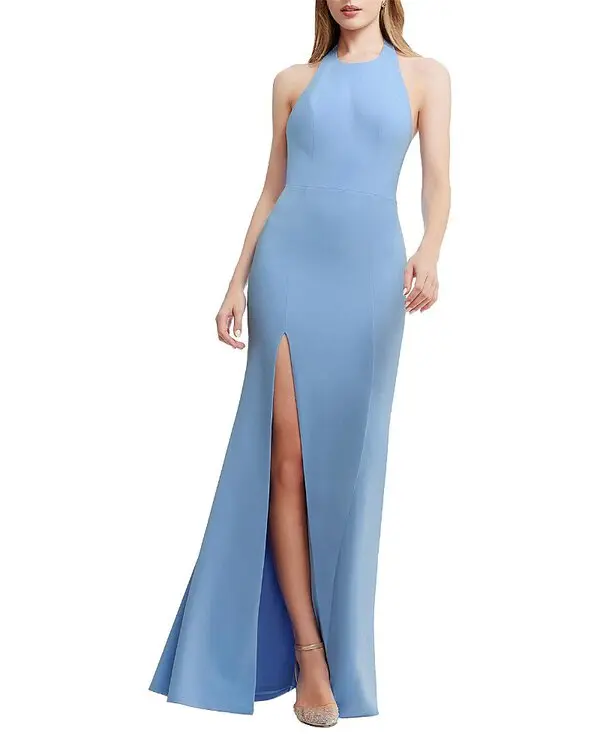 Dress The Population Paige Halter Neck High Slit Mermaid Gown - Sky
