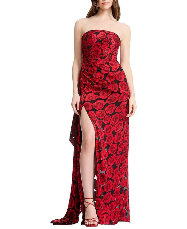 Dress The Population Lulu Strapless Rose Print Ruched High Slit Gown - Rouge Multi