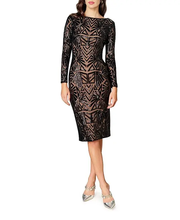 Dress The Population Emery Long Sleeve Chevron Sequin Midi Dress - Black