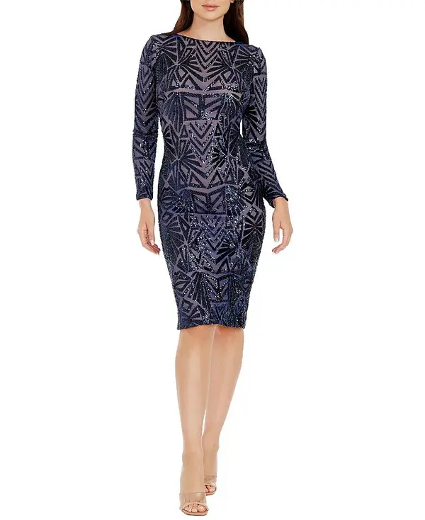 Dress The Population Emery Long Sleeve Chevron Sequin Midi Dress - Navy