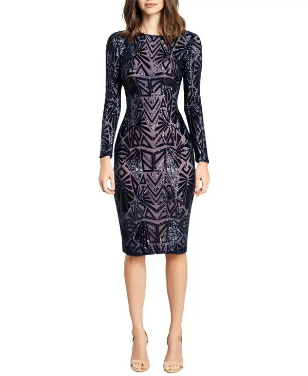 Dress The Population Emery Long Sleeve Chevron Sequin Midi Dress - Navy