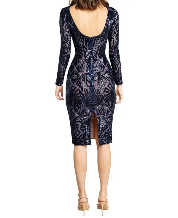 Dress The Population Emery Long Sleeve Chevron Sequin Midi Dress - Navy