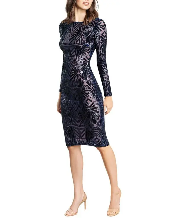 Dress The Population Emery Long Sleeve Chevron Sequin Midi Dress - Navy