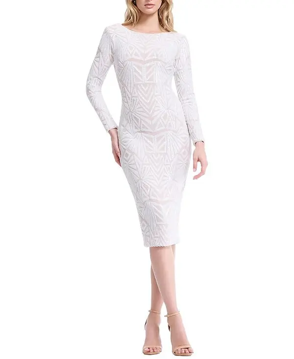 Dress The Population Emery Long Sleeve Chevron Sequin Midi Dress - White/nude