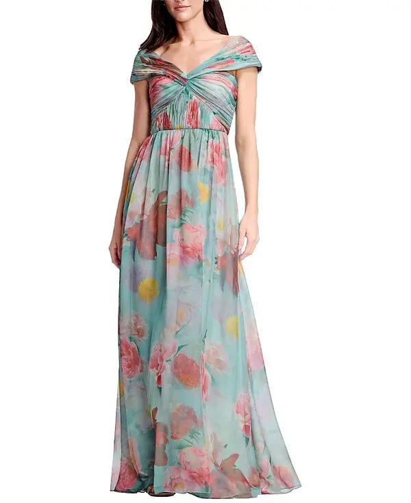 Dress The Population Xyla Off-the-shoulder Floral Print Chiffon Gown - Mint Multi