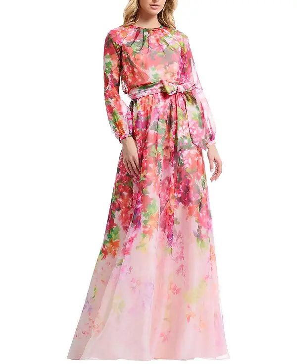 Dress The Population Rainey Long Sleeve Jewel Neck Floral Print Belted Gown - Blush Multi