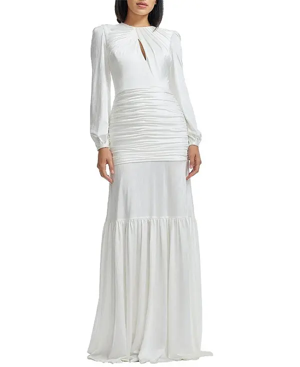 Dress The Population Lucille Long Sleeve Keyhole Neck Ruched Tiered Gown - White