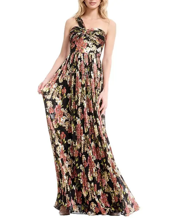 Dress The Population Idalia Abstract Floral Print One-shoulder Gown - Black Multi