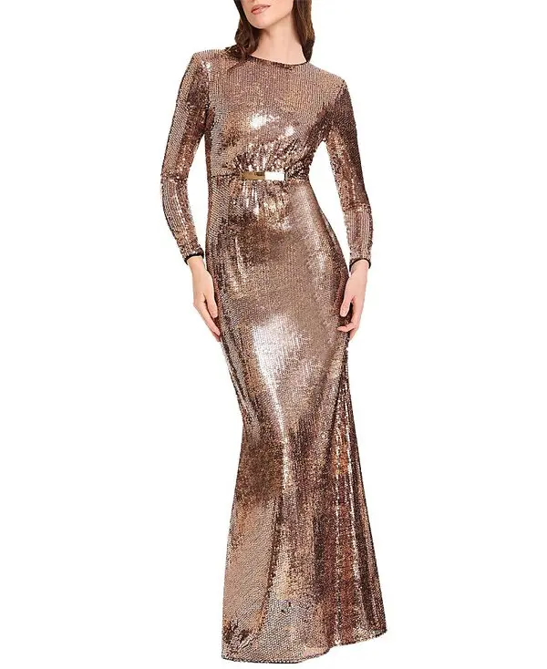 Dress The Population Johanna Long Sleeve Jewel Neck Sequin Belted Mermaid Gown - Rose Copper