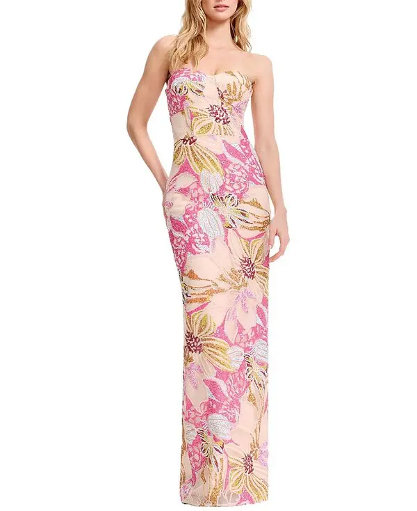 Dress The Population Vada Strapless Sweetheart Floral Sequin Bodycon Gown - Bright Fuchsia Multi
