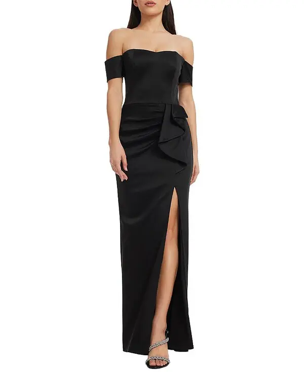Dress The Population Gabrielle Off-the-shoulder Satin Ruffle Gown - Black