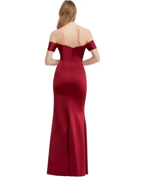 Dress The Population Gabrielle Off-the-shoulder Satin Ruffle Gown - Garnet