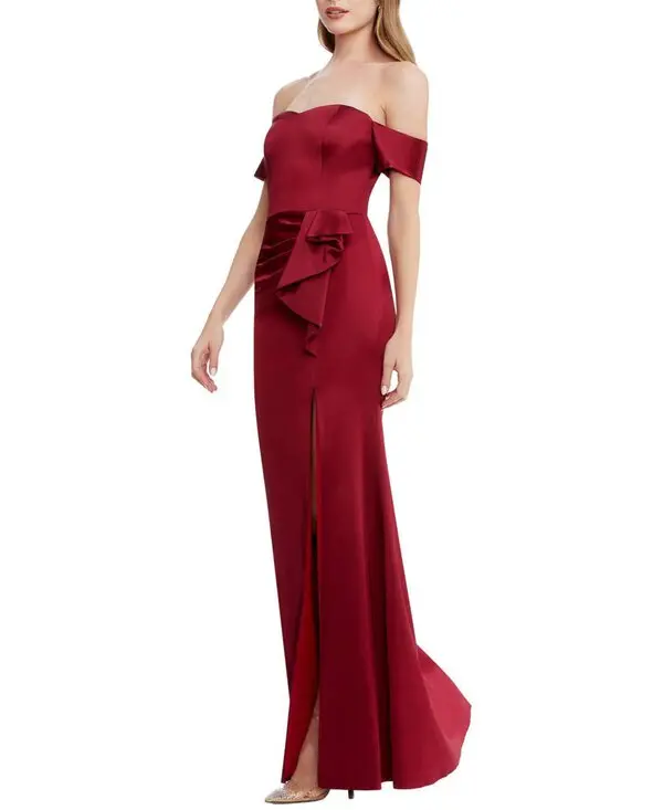 Dress The Population Gabrielle Off-the-shoulder Satin Ruffle Gown - Garnet