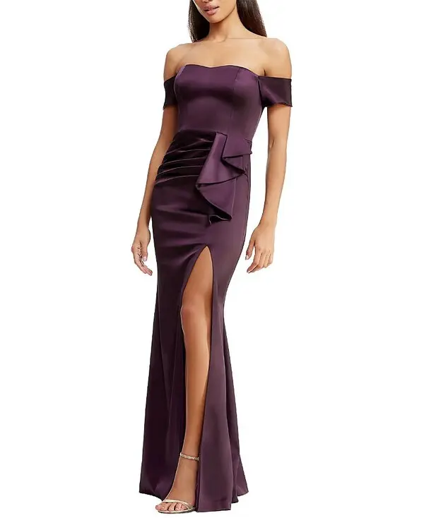 Dress The Population Gabrielle Off-the-shoulder Satin Ruffle Gown - Midnight Plum