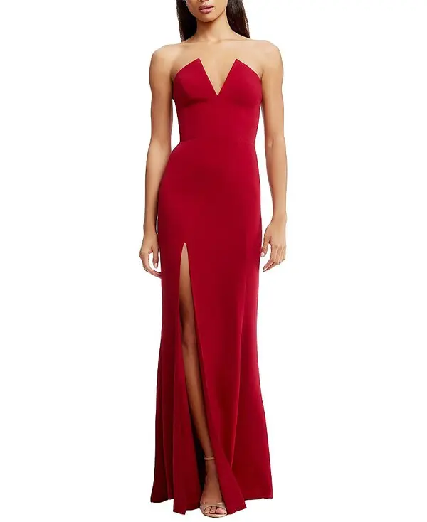 Dress The Population Fernanda Strapless Plunge V-neck High Slit Gown - Garnet
