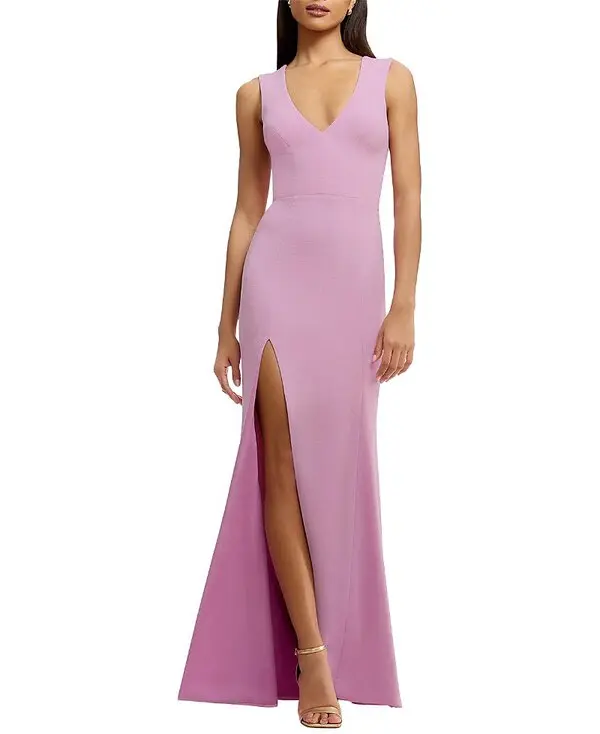 Dress The Population Sandra V-neck Gown With High Slit - Lavender