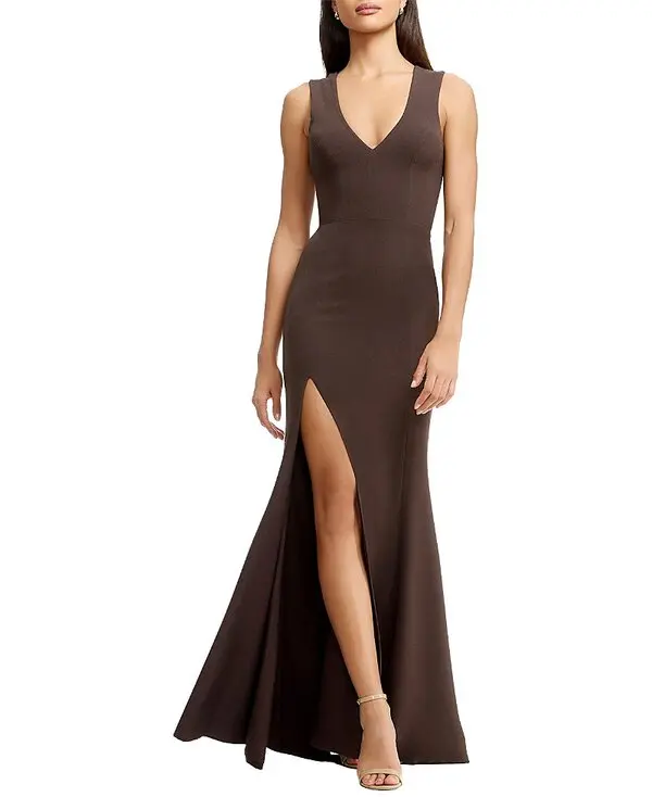 Dress The Population Sandra V-neck Gown With High Slit - Mocha