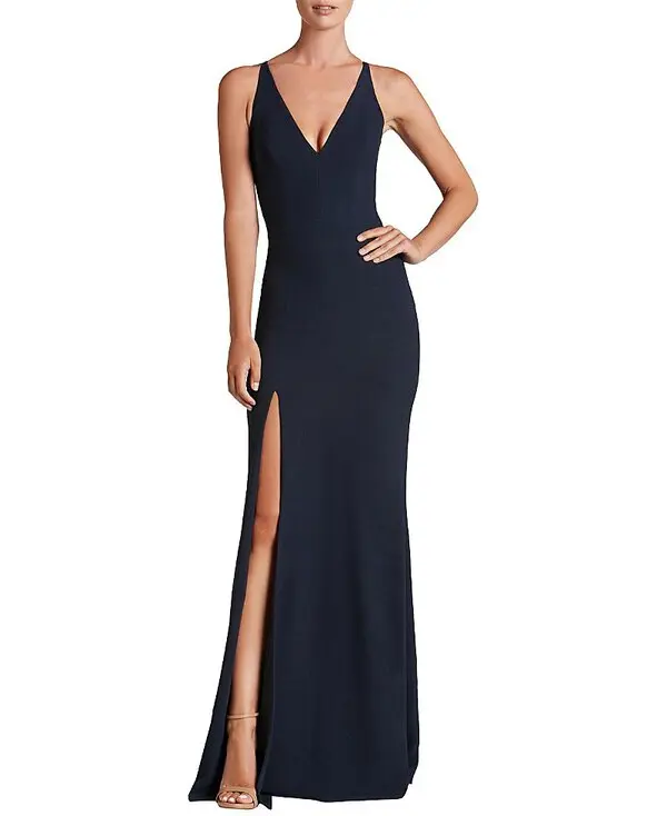 Dress The Population Iris V-neck High Slit Mermaid Gown - Midnight Blue