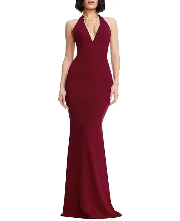 Dress The Population Camden Halter Plunge V-neck Mermaid Gown - Garnet
