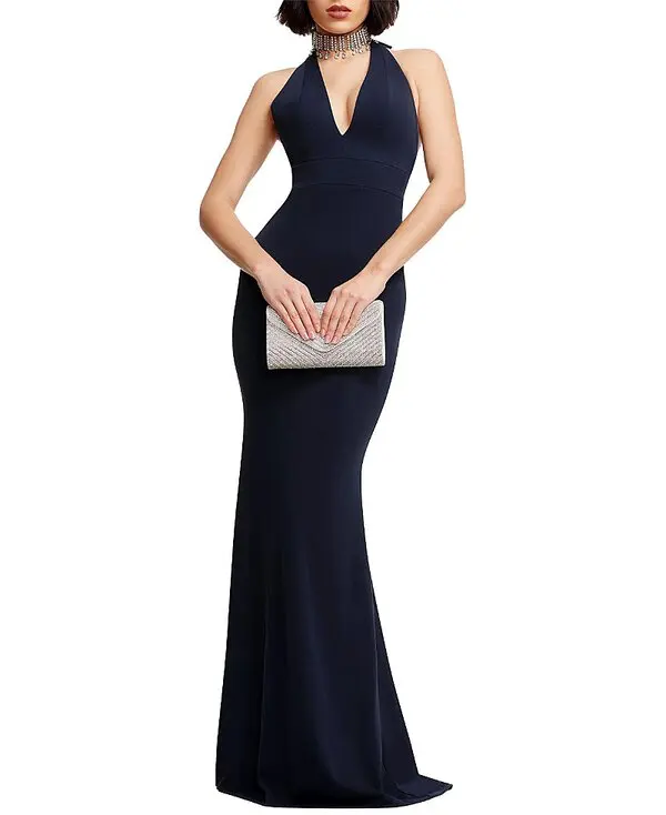 Dress The Population Camden Halter Plunge V-neck Mermaid Gown - Navy