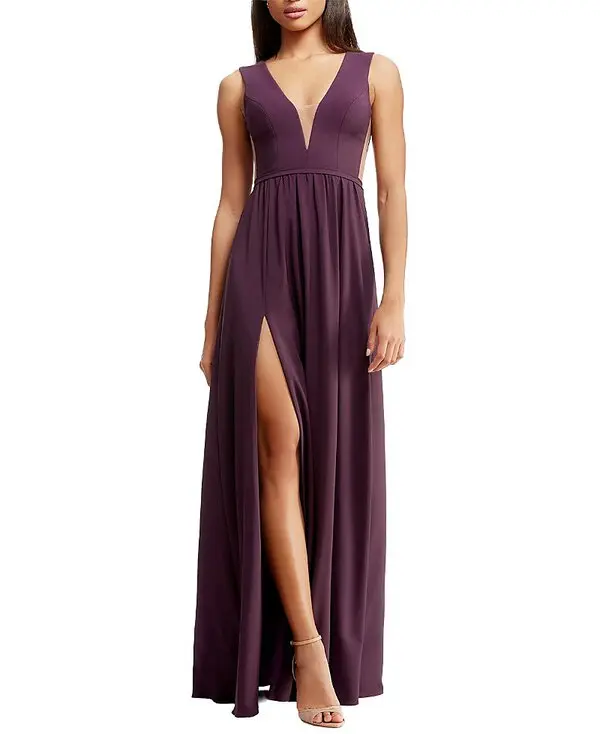 Dress The Population Katrina Plunge V-neck High Slit Gown - Midnight Plum