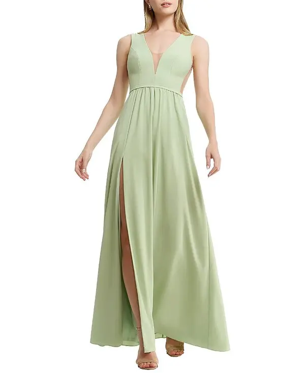 Dress The Population Katrina Plunge V-neck High Slit Gown - Sage