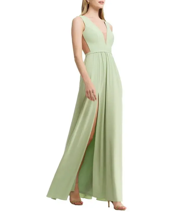 Dress The Population Katrina Plunge V-neck High Slit Gown - Sage