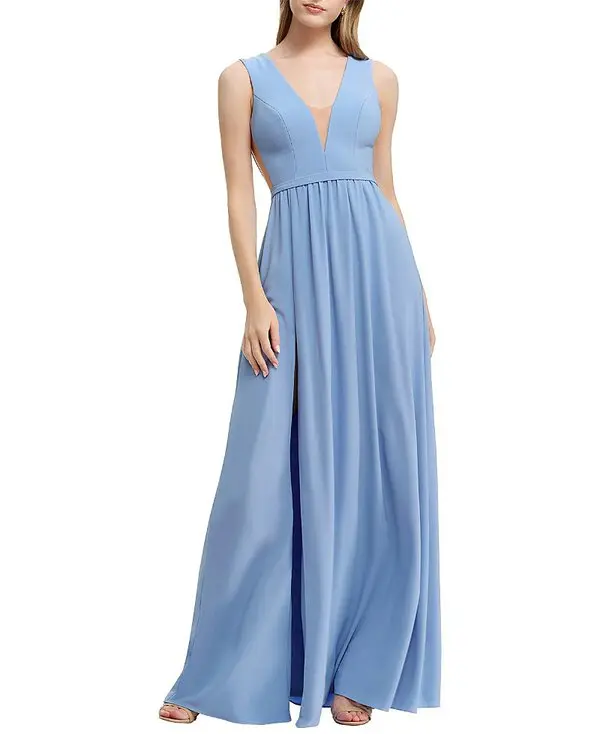 Dress The Population Katrina Plunge V-neck High Slit Gown - Sky