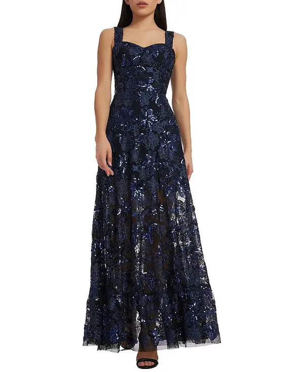 Dress The Population Anabel Sweetheart Neck Floral Sequin Lace A-line Gown - Navy