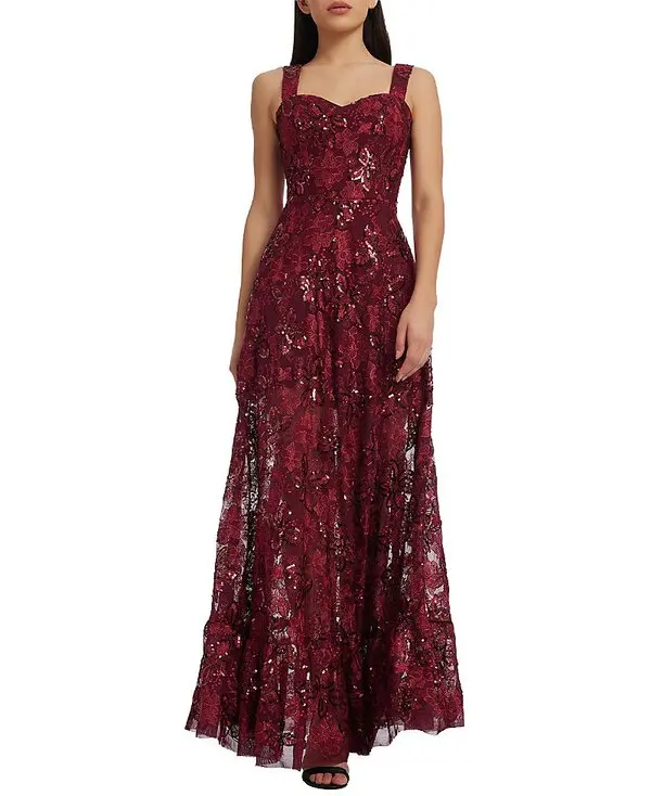 Dress The Population Anabel Sweetheart Neck Floral Sequin Lace A-line Gown - Port