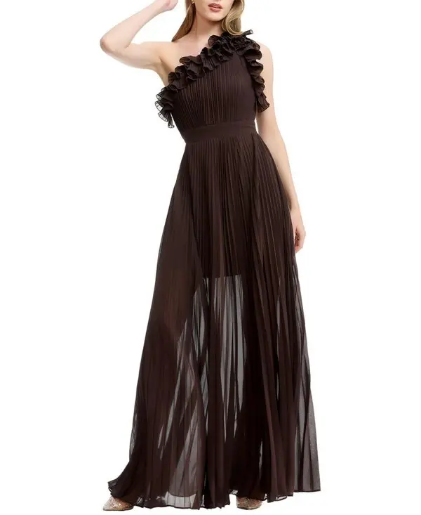 Dress The Population Vida One Shoulder Pleated Ruffle Gown - Mocha